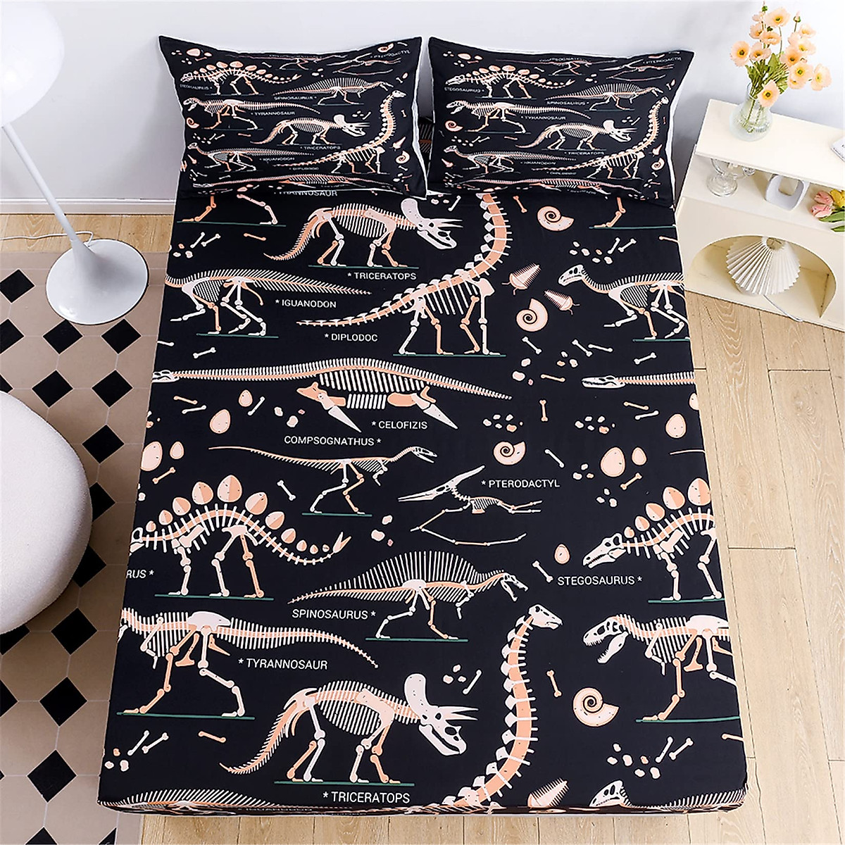 URLINENS Dinosaur Fitted Sheet Twin Size, Jurassic Evolution Dino Bones Bedding Set 2 Piece 1 Fitted Sheet and 1 Pillowcase, Wildlife Dinosaur Sheet Set for Kids Boys Girls Teens Fun Bed Sheet