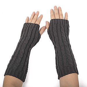 Flammi Women's Cable Knit Arm Warmers Fingerless Gloves Thumb Hole Gloves Mittens (Grey)