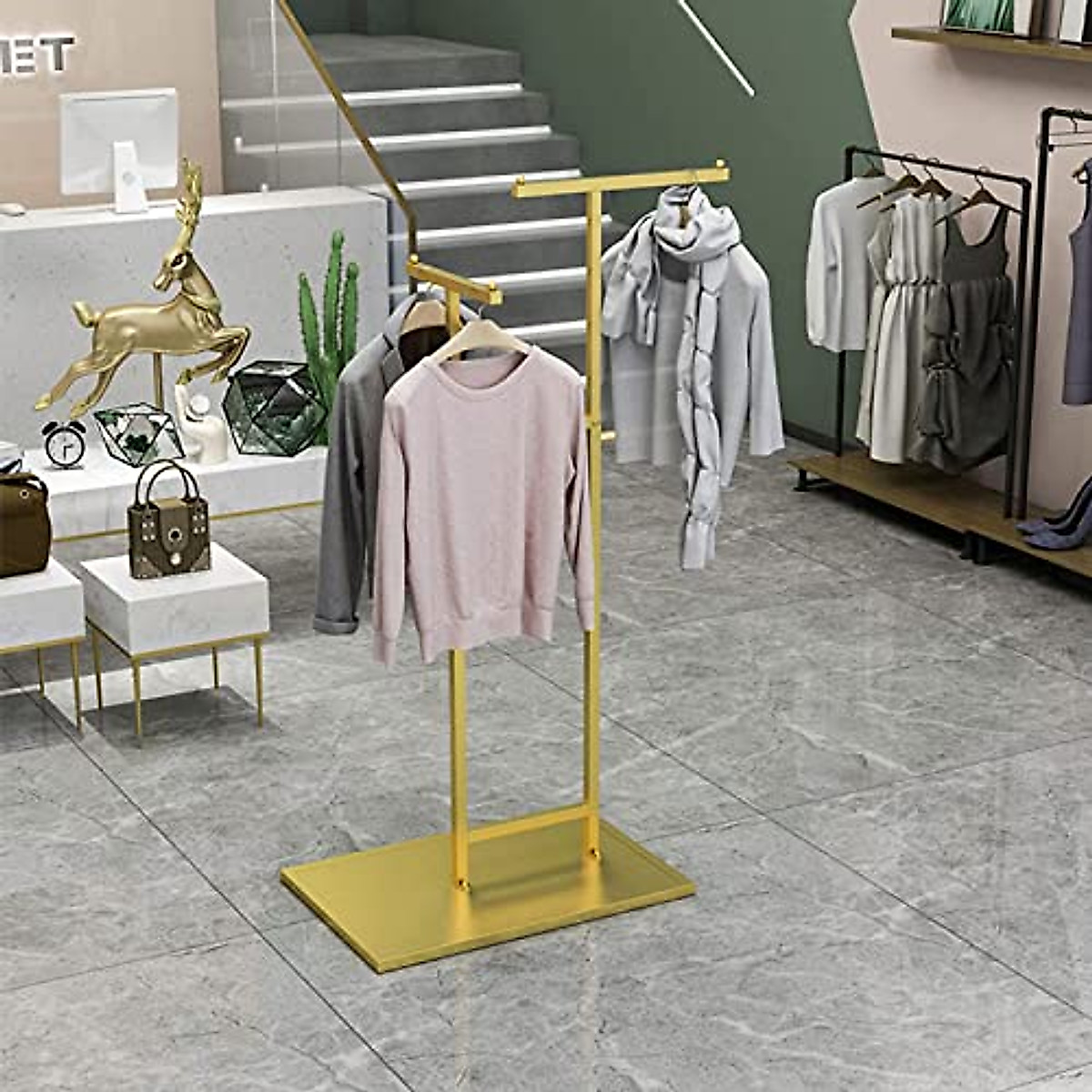 QQXX Adjustable Height Clothes Rack,Industrial Pipe Clothing Rack,Commercial Clothing Garment Racks,Heavy Duty T-Shaped Cloth Display Rack Hanger Metal Storage Shelves for Hanging Clothes
