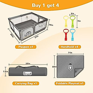 Baby Playpen for Babies and Toddlers with Mat, 71x59 inch Extra Large Baby Playard No Gaps for Indoor & Outdoor, Portable Toddler Playpen with Bag, Anti-Slip Base, (Gray), Li'l Pengyu