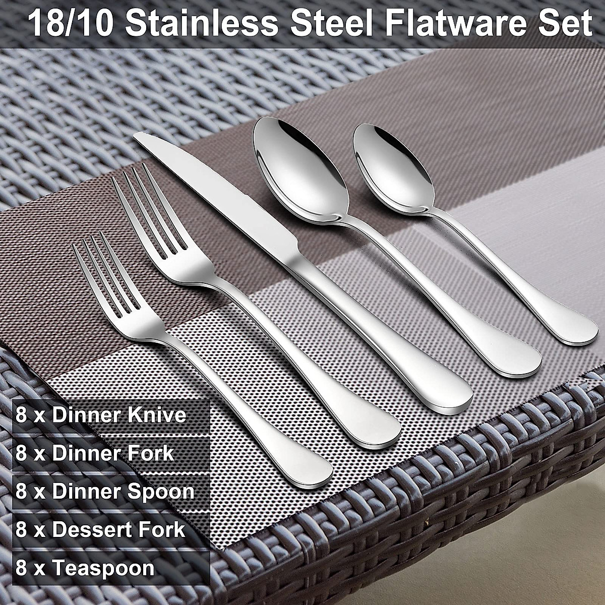 LIANYU Silverware 18/10 Stainless Steel, 18/10 Flatware Cutlery Set Service for 8, 40-Piece Eating Utensils Tableware Set for Restaurant Wedding, Dishwasher Safe, Mirror Polished