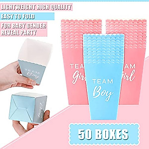 50 Pack Gender Reveal Paper Popcorn Boxes Blue Pink Decorative Dinnerware Mini Popcorn and Candy Favor Treat Boxes Team Boy Girl Paper Popcorn Boxes for Baby Shower Gender Reveal Party Supplies