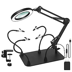 5X & 10X Magnifying Glass with Light and Stand, NAKOOS 2-in-1 Magnifying Lamp, 3 Color Modes Stepless Dimmable Lighted Magnifier with Large Base & Clamp for Craft Soldering Painting Hobby Close Work