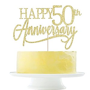 Happy 50th Anniversary Cake Topper,Gold Glitter 50th Birthday， 50Anniversary Party Decoration Supplies，Wedding Anniversary Party Decoration