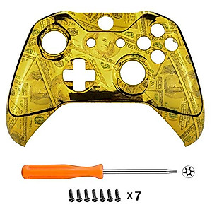 eXtremeRate Chrome Gold 100 Cash Money Dollar Front Housing Shell Case, Glossy Patterned Faceplate Cover Replacement Kit for Xbox One S & One X Controller (Model 1708)