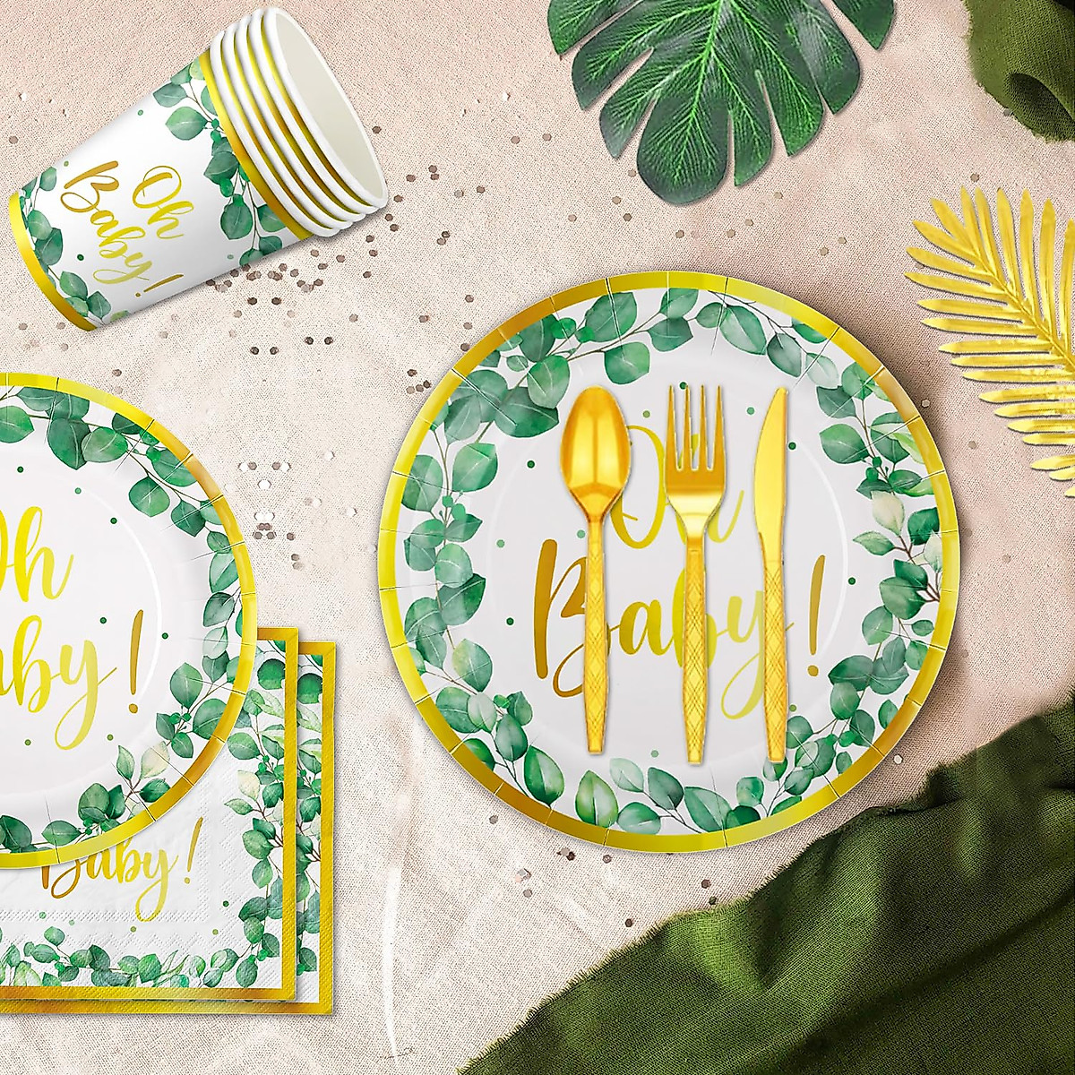 244 PCS Sage Green Baby Shower Decoration Set Includes Plates, Napkins, Cups, Cutlery, Oh Baby Backdrop Tablecloth Balloon Garland Kit for Boho Greency Neutral Party Supplies, 25 Guest