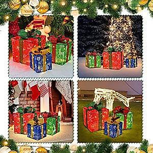 AMZXMAS 3 PCS Outdoor Indoor Christmas Decorations Christmas Lighted Gift Boxes Décor,Pre-lit 65 LED Lights Up Christmas Tree Skirt Ornament with Bows, for Holiday Party Christmas Home Yard (A1)