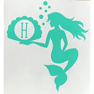 Custom Mermaid Initial Monogram Vinyl Decal - Beach Bumper Sticker, for Tumblers, Laptops, Car Windows -Shell & Bubbles Design