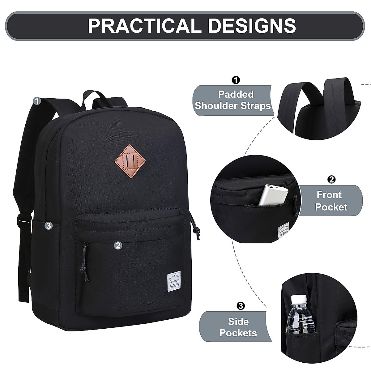 Lightweight Backpack for School, Kabanmate Large Capacity Water Resistant Classic Bookbags Casual College Daypack for Men Women Teen Girls Boys, Black