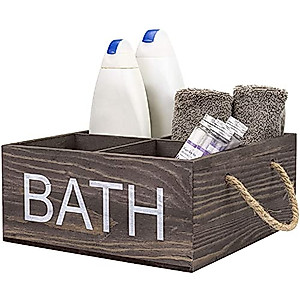 MyGift Bathroom Organizer 4 Cup Bin, 4-Compartment Rustic Dark Brown Wood Bath Caddy Storage Crate with Rope Handles
