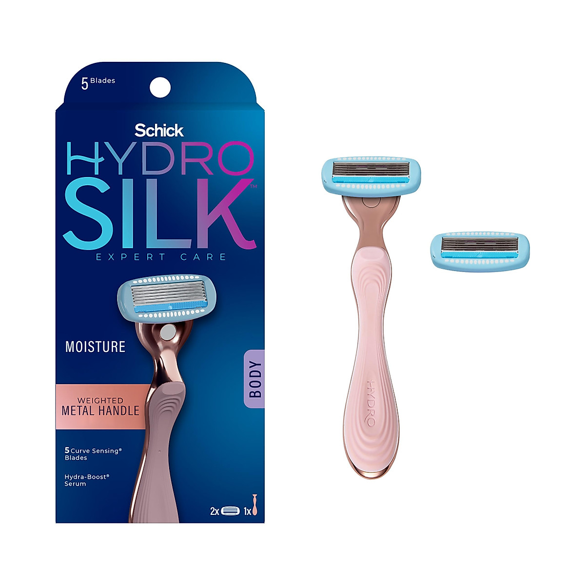 Schick Hydro Silk Rose Gold Metal Razor for Women | Womens Razors, Travel Razor, 5-Blade Razors for Women | 1 Handle & 2 Razor Refills