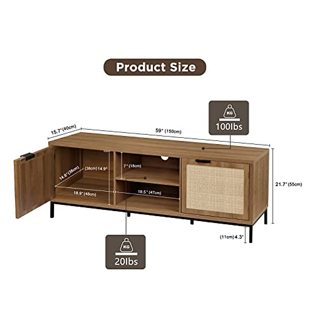 Anmytek Farmhouse Rattan TV Stand for 65 Inch TV Rustic TV Console Table with 2 Rattan Doors Modern Entertainment Center for Living Room Bedroom H0033