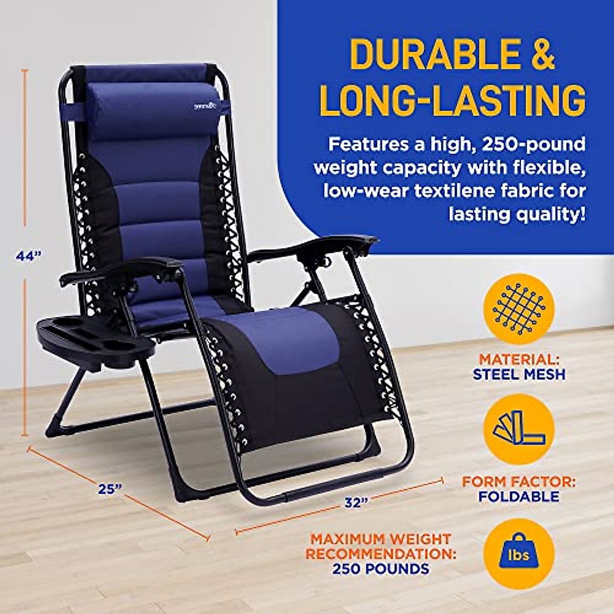 SereneLife Foldable Outdoor Zero Gravity Padded Lawn Chair, Adjustable Steel Mesh Recliners, w/Removable Pillows and Cup Holder Side Tables, One Size, Blue and Black