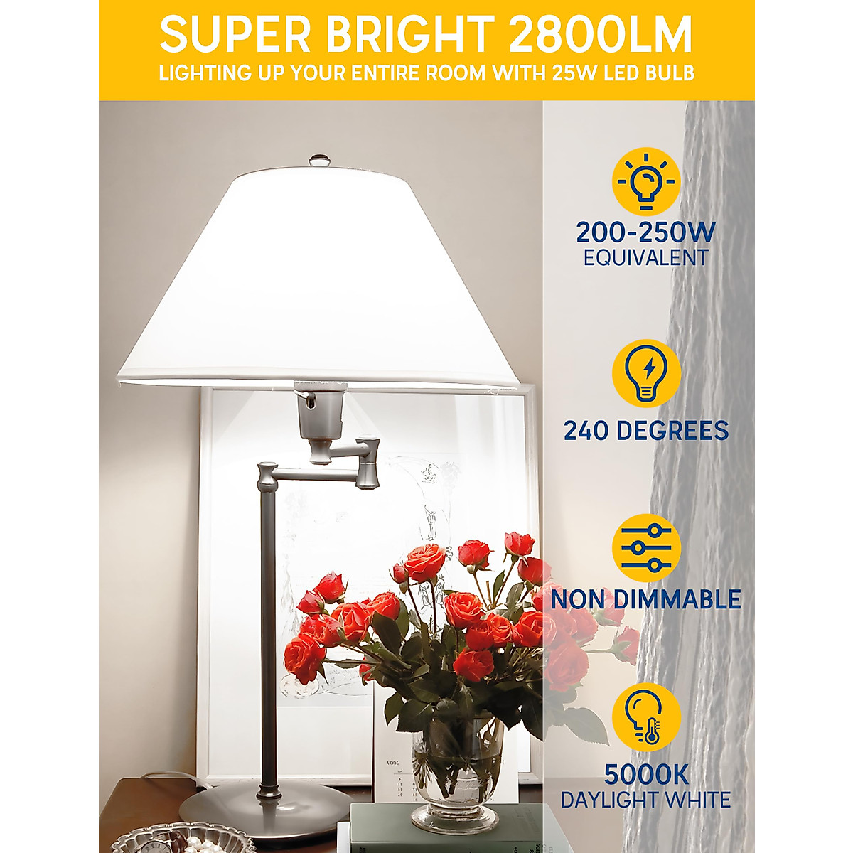 200-250 Watt Equivalent LED Light Bulb, A21 Super Bright LED Light Bulbs 25W, High Output 2800 Lumens, E26 Daylight White 5000K for Home, Office, Store, Garage, Warehouse, Garden, 2-Pack