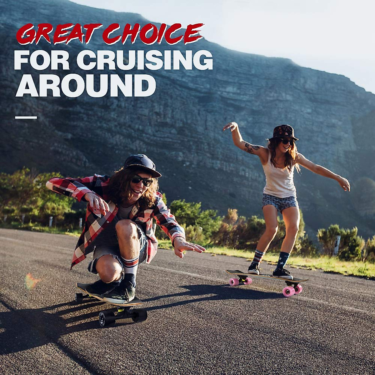 BELEEV Cruiser Skateboards for Beginners, 27 Inch Complete Skateboard for Kids Ages 3-12, Teens Adults, 7 Ply Canadian Maple Double Kick Deck Concave Trick Skateboard (Pink)