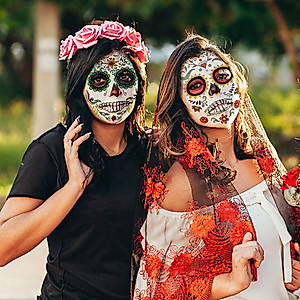 Day of the Dead Face Tattoos - 10 Pack Día de Los Muertos Temporary Face Sticker Kit Halloween Decorations Sugar Skull Costume Makeup Decor Glitter Red Roses Skeleton Full Face Mask Tattoos Temporary