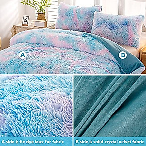SUCSES Tie Dye Plush Shaggy Duvet Cover Set Full Size Rainbow Faux Fur Bedding Set for Teens Girls Soft Velvet Fluffy Fuzzy Comforter Cover Bed Set (Blue Purple Ombre, Full)