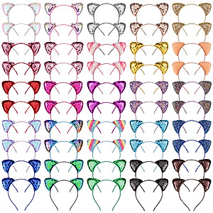 Hoemwarm Sequin Glitter Kitty Headbands - 50 Pcs Girls and Adult Shiny Hair Accessories with Cat Ears for Birthday Decoration, 25 Colors
