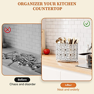 YIUKEA Rotating Utensil Caddy Holder - Higher Raised Cutlery Caddy Countertop - Metal Silverware Caddy Organizer with 4 Compartment for Kitchen Counter Party Office white