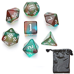 7pcs/Set D4 D6 D8 D10 D12 D20 Dichromatic Polyhedral Dices for Beginner Role Playing Game D&D Dice Set Party Table Board Game Supplies，with A Silver Pouch(Green)