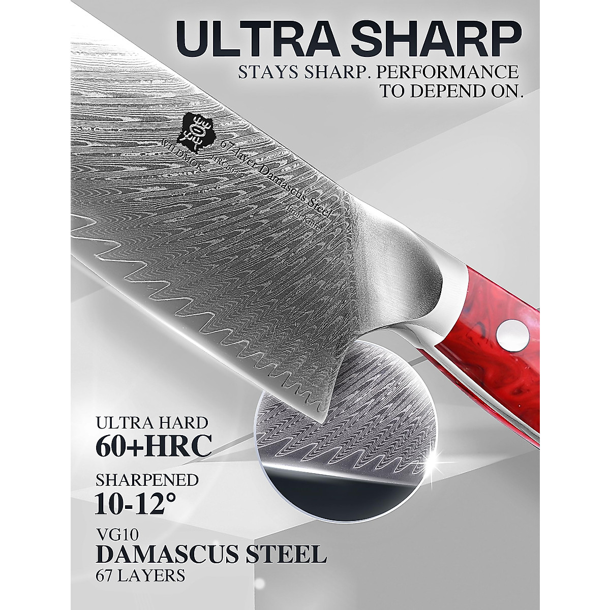 WILDMOK Damascus Kitchen Knife Sets 3 PCS, Razor Sharp Kitchen Knives Made of Japanese Damascus Steel, Well-Balanced Damascus Chef Knife set with Premium Resin Full Tang Handle Triple Rivet Gift Box