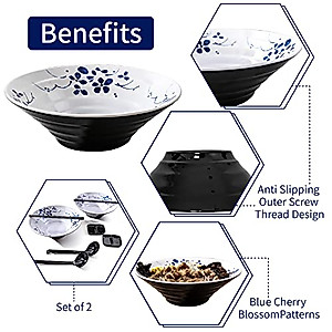 TP 60oz Ramen Bowls, 8-piece Unbreakable Japanese Melamine Noodles Bowls for Pho and Asian Dishes with Chopsticks Spoons set and Dipping Bowls, Set of 2