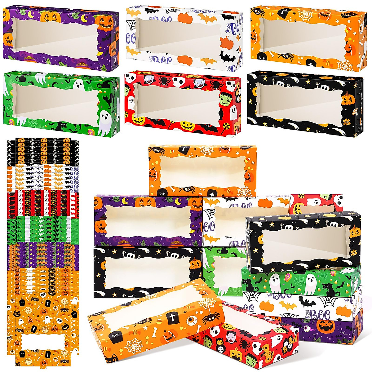 ReliThick 36 Pcs Halloween Cookie Boxes with Window 12 x 5.5 x 2.5 Inch Halloween Bakery Box Treat Boxes Dessert Boxes with Window for Cupcake Donuts Candies Pies Halloween Party Favors
