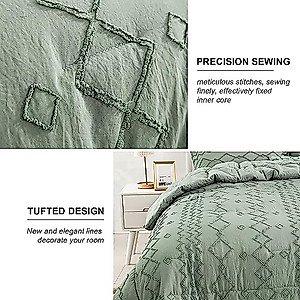 Green Tufted Comforter Set Cal King Size (102×96 inches), Boho Shabby Chic Comforter Geometry Embroidery Bedding Set 3 Pieces (1 Comforter + 2 Pillowcases), Soft Microfiber Comforter for All Seasons
