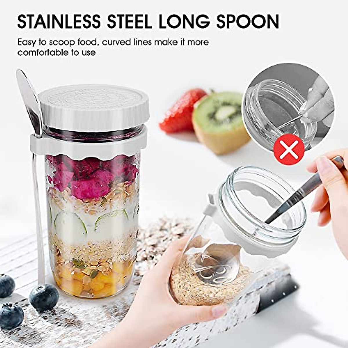 Overnight Oats Jars, Overnight Oats Containers with Silicone Lid and Spoon 16 oz,for Oats Yogurt,Milk,Fruit,breakfast,Leak-Proof Reusable Portable with Measurement Marks Food Storage Container (White+Blue+Green)