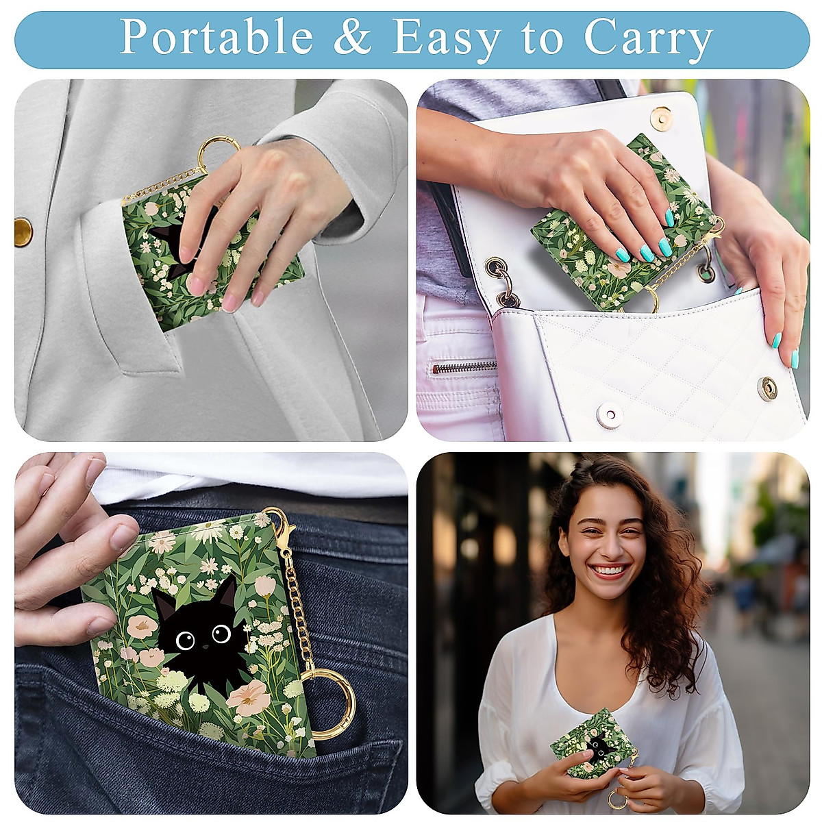 Jogjam Black Cat Floral Womens Wallet, Small Slim RFID Blocking Card Wallets, Cute Trifold PU Leather Card Holder Wallet Organizer, Mini Pocket Cash Wallet with 7 Card Slots ID Window for Girls Ladies