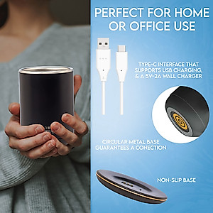 OZTANCE Self Stirring Coffee Mug with Lid - Heated Mug 10 oz, Luxury Design Heated Coffee Mug Warmer Set For Desk Home Office (Black)