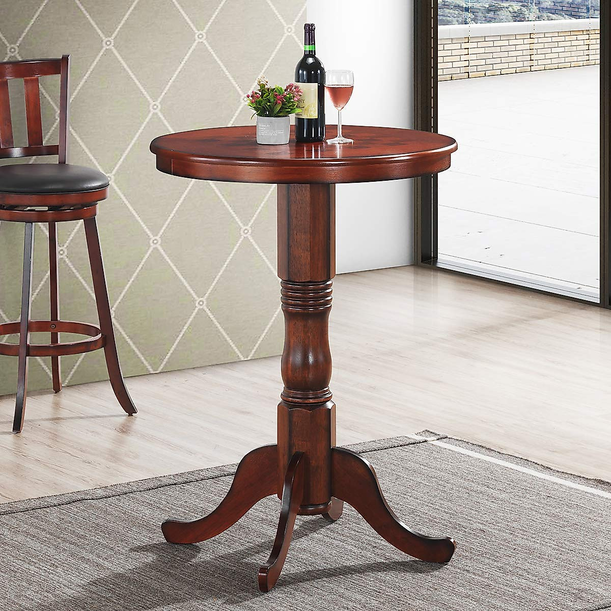 Giantex Round Dining Table, 30" D X 41.5" H, Wooden Pub Pedestal Side Table W/Chessboard, Adjustable Foot Pads, Multi-Purpose Dinner Table for Small Space, Kitchen, Dining Room, Restaurant (Walnut)