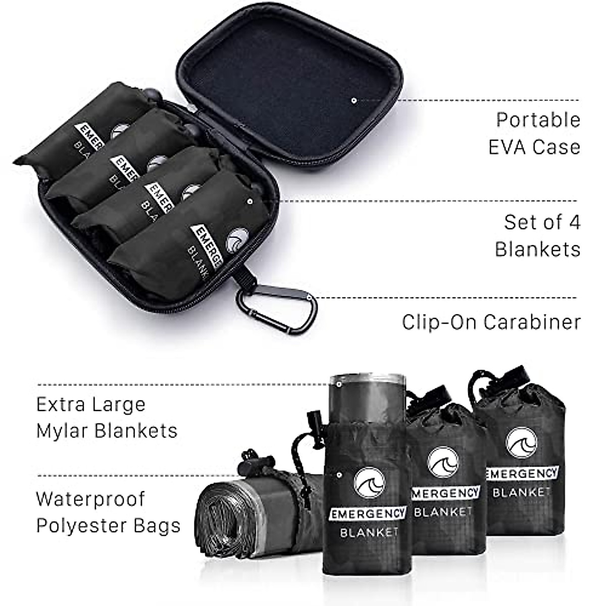 Oceas Outdoor Mylar Emergency Blankets - 4 Pack of Extra Large Thermal Foil Space Blankets - Designed by NASA for Camping, Hiking, and Car Use (Black)