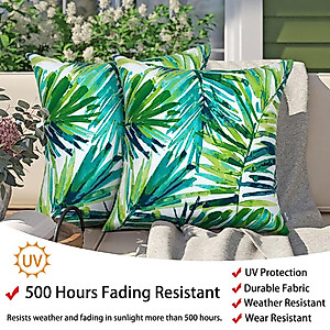 Magpie Fabrics Patio Pillow with Insert 18"x18", Set of 2, Fade-Resistant Outdoor Indoor Cushion Decorative Throw Pillow Decoration for Couch Garden Furniture - Green Palm Leaves