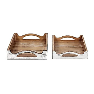 Distressed Rustic Serving Tray Set of 2, Nesting Coffee Table Trays for Living Room, Wood Serving Tray with Handles, Decorative Serving Tray for Ottoman Rectangle, Butler Tray for Party, Bedroom