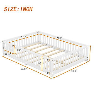 CITYLIGHT Full Size Floor Bed with Rails, Wood Montessori Floor Bed Full with Support Slats, Kids Full Bed Frame with Door Design for Boys,Girls, White