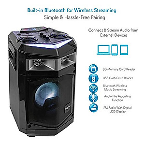 Pyle Portable Rechargeable Wireless PA Speaker System w/ Bluetooth, 500W Peak Power Outdoor Speaker Microphone Set with Mic Talkover, Flashing LED DJ Lights, USB SD FM Radio AUX, Mic Included