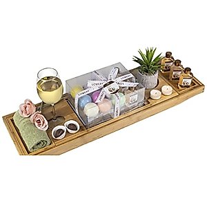 Mother's Day Gifts from Son, Premium Bamboo Bathtub Caddy Tray Gift Set with Bath Bombs, Shower Gel, Shampoo & Bubble Bath, Luxury Bathtub Tray with Book & Wine Holder, Expandable Tray to Fit Any Tub
