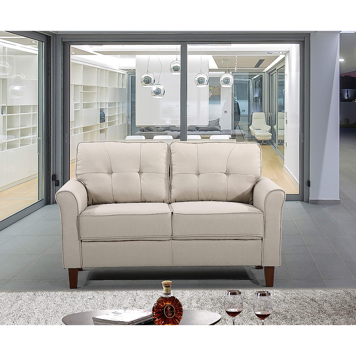 US Pride Furniture 55" Modern Loveseat with Soft-Cushioned Backrest, Piped Details & Tapered Wood Legs, 2 Seater Couch for Living Room, Bedroom or Office, Linen, Khaki Beige