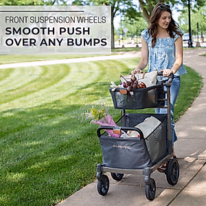 Wadabuggy Heavy Duty Folding Shopping & Utility Cart, Glides Effortlessly - Easy to Maneuver, Lightweight Push & Pull Behind Cart w/3 Storage Baskets