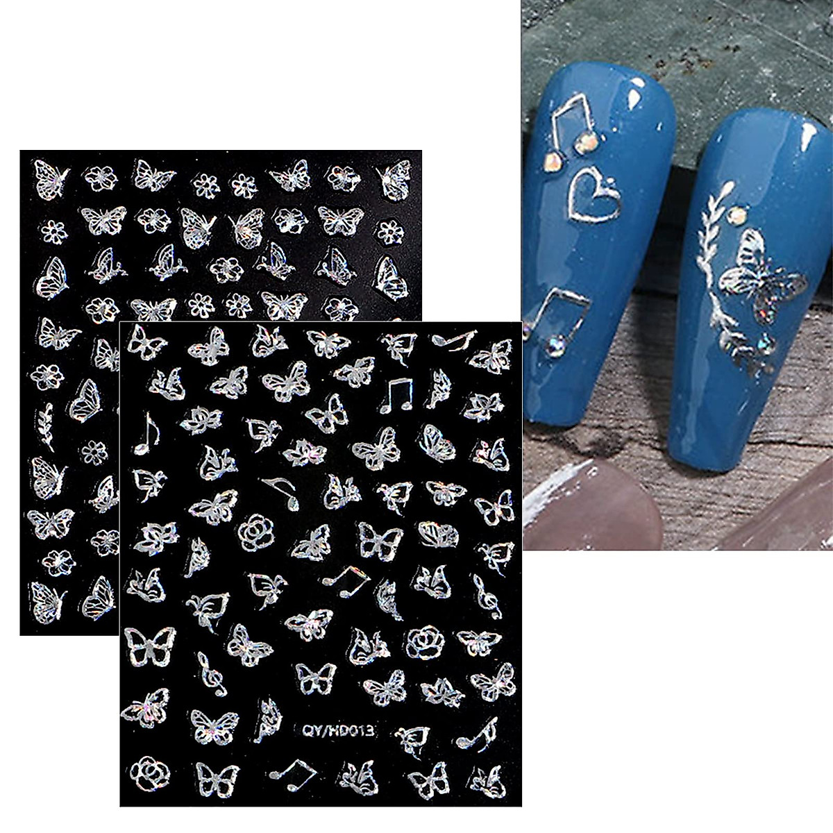 JMEOWIO 12 Sheets Aurora Holographic Butterfly Nail Art Stickers Decals Self-Adhesive Pegatinas Uñas Glitter Flower Nail Supplies Nail Art Design Decoration Accessories