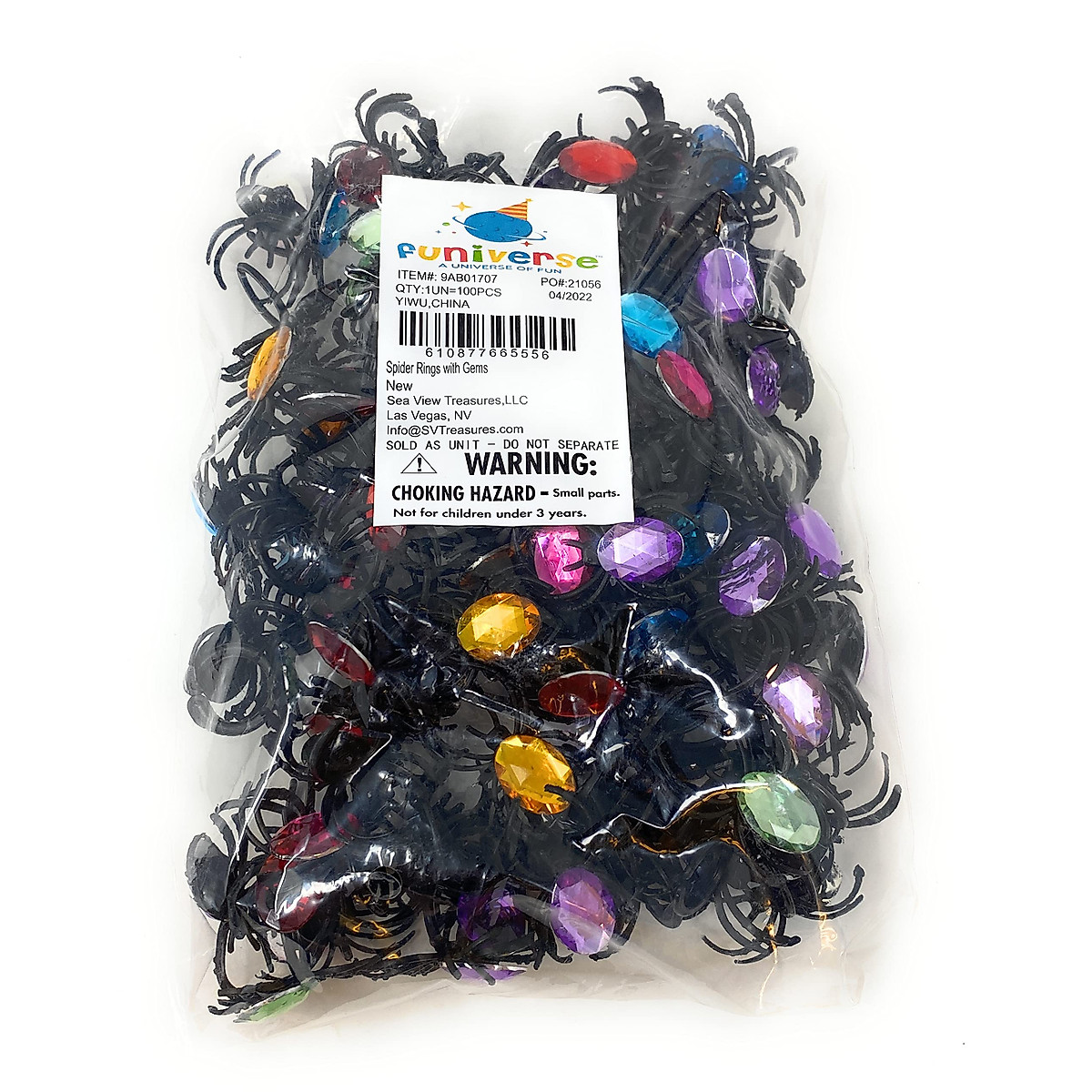 100 Bulk Halloween Spider Rings With Gems Assortment - Black Rings with Assorted Gems for Creepy Crawly Party Favors, Treats, and Cupcake Toppers