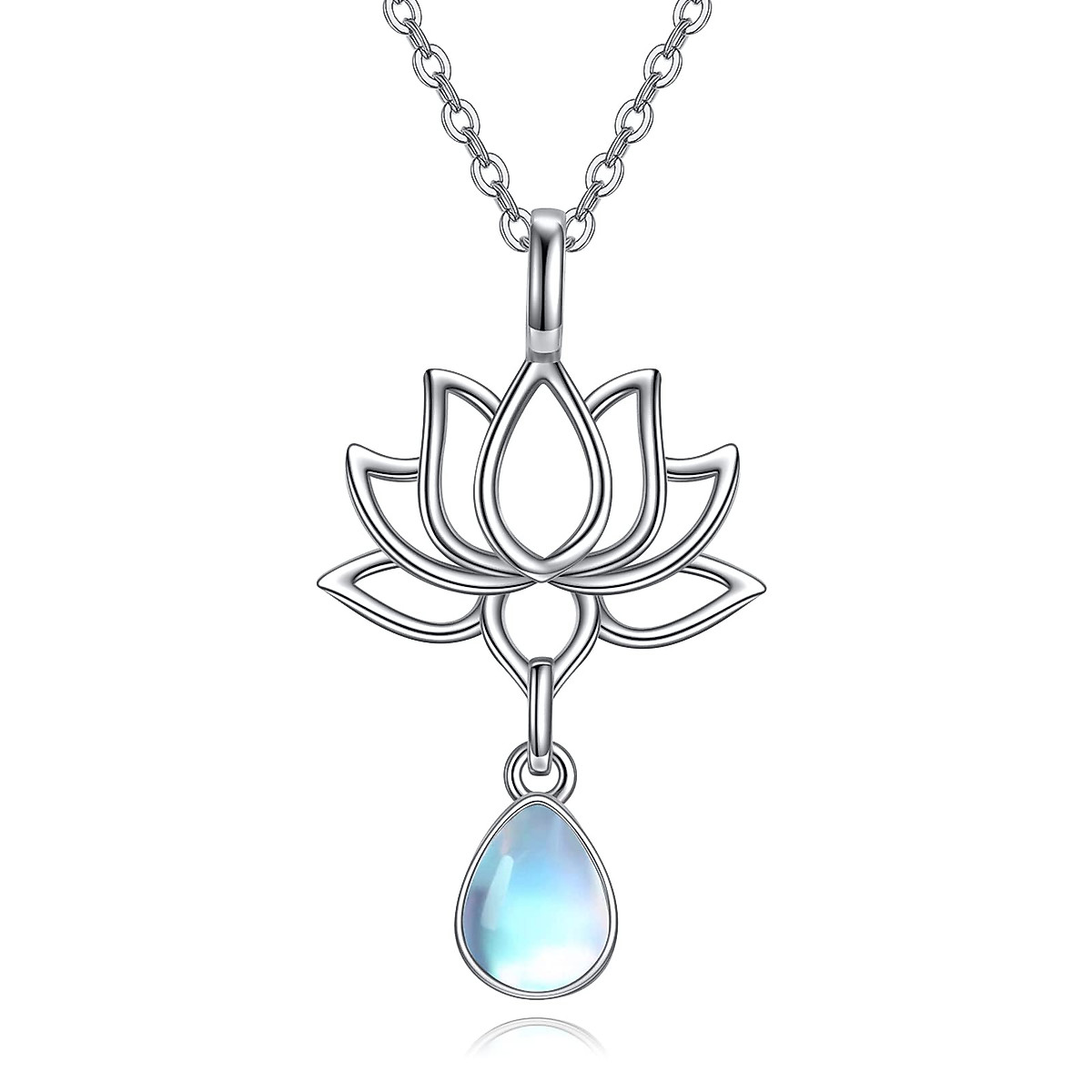 URONE Lotus Flower Pendant Necklace for Women Sterling Silver Simulated Moonstone Yoga Jewelry Gift