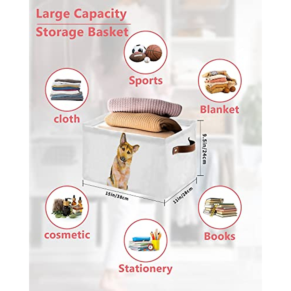 Dog Lover Decor Storage Bins Large Foldable Storage Baskets for Shelves, Waterproof Storage Boxes with Handles for Closet Cabinet Living Room Laundry - German Shepherd Illustrations White Backdrop