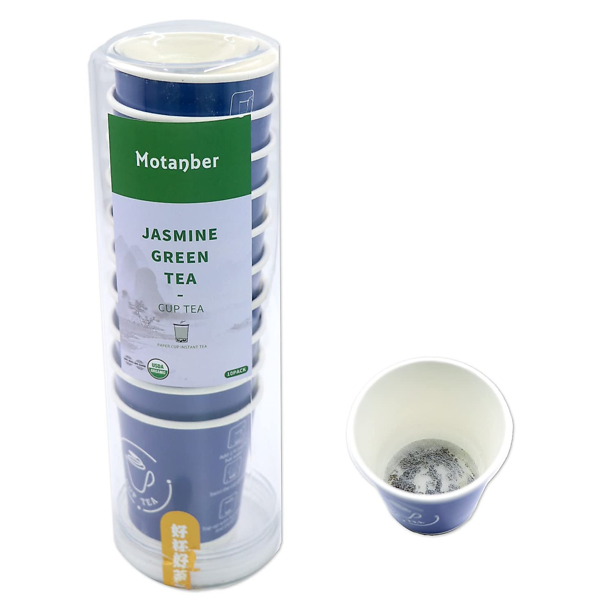 Motanber Jasmine Cup Tea - Paper Cup Instant Tea, Jasmine Green Tea Flavor, Camping cup tea,portable tea,food grade paper cup with tea,1 cup with 2g tea(10 Cups) (Jasmine)