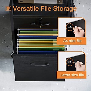 ODK File Cabinet with 2 Drawers, Mobile Office Cabinet with Lock on Wheels, Rolling Office Printer Stand Filing Cabinet for A4, Letter Sized Document with Iron Hook, Black