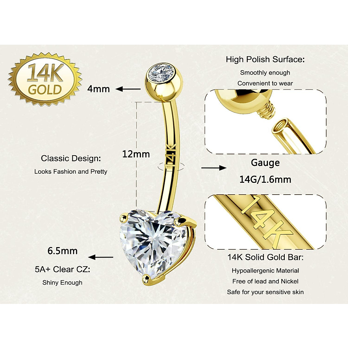 OUFER Gold Belly Button Rings, 14K Solid Gold Heart Shaped Belly Rings, Internally Threaded Belly Button Piercing, Clear CZ Belly Piercing Jewelry, Navel Rings-10MM