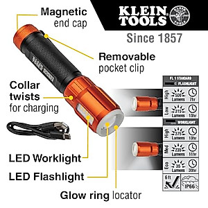 Klein Tools 56412 Rechargeable LED Flashlight with Worklight, 500 Lumens, USB Charging Cable, Pocket Clip, Battery Life Indicator, Magnetic