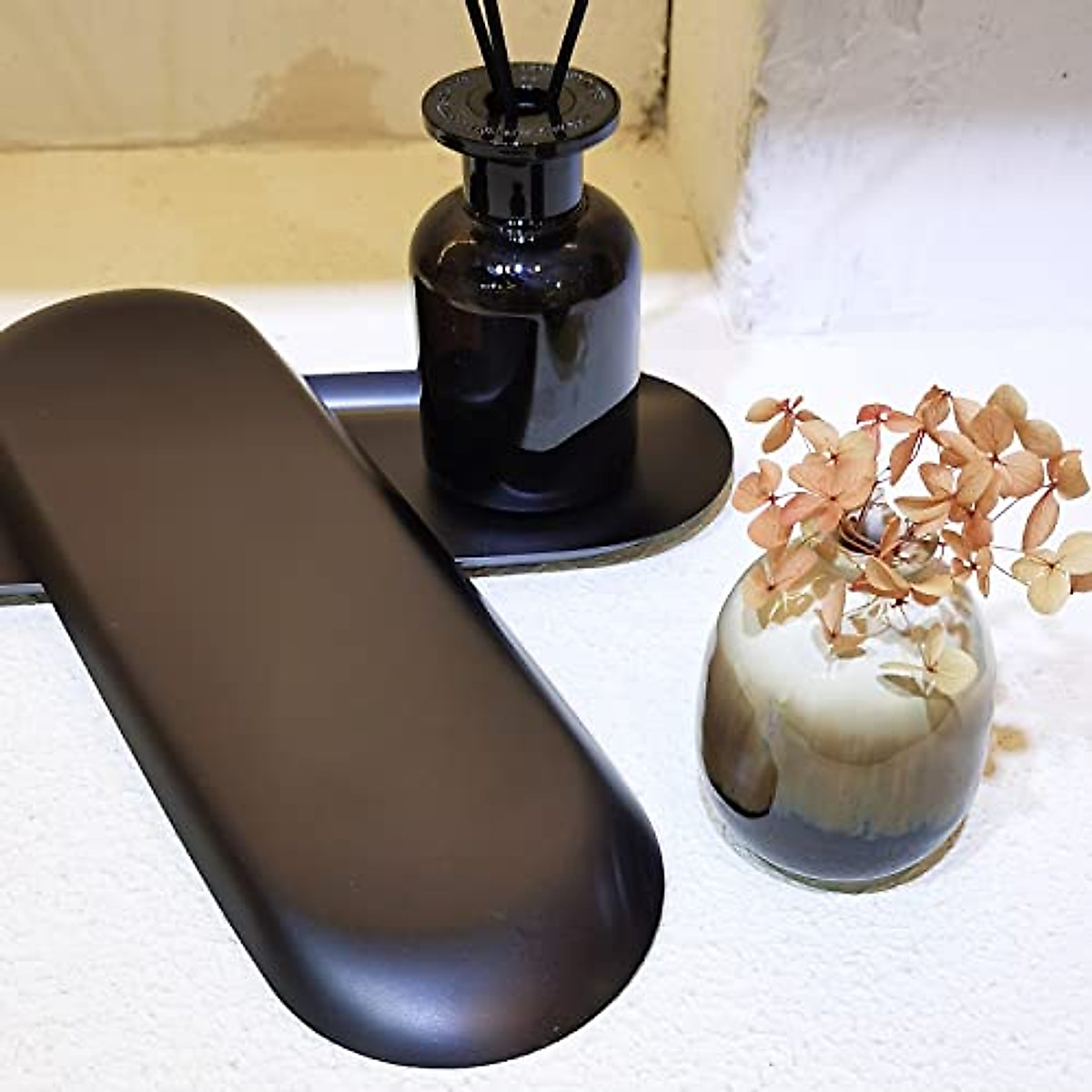 2 Pack Long Narrow Black Rolling Metal Decorative Tray, 12 Inch Stainless Steel Golden Serving Oval Brass Vanity Tray Table Decor Platter for Jewelry, Towel, Bathroom, Exxacttorch, et-029444-FBM-PT