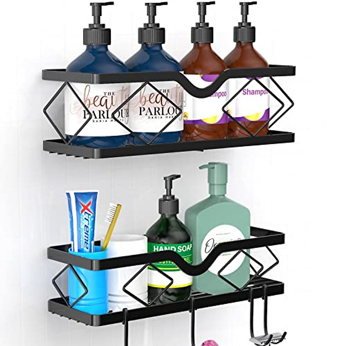 Kadolina 2 Pack Adhesive Shower Caddy Bathroom Shelf, Stainless Steel Shower Organizer Shower Shelves for Inside Shower No Drilling Rustproof Conditioner Shampoo Storage Holder(Black)